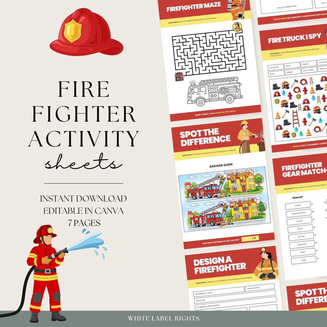 Firefighter Activity Sheets Canva Template, Kids Fire Safety Printable ...