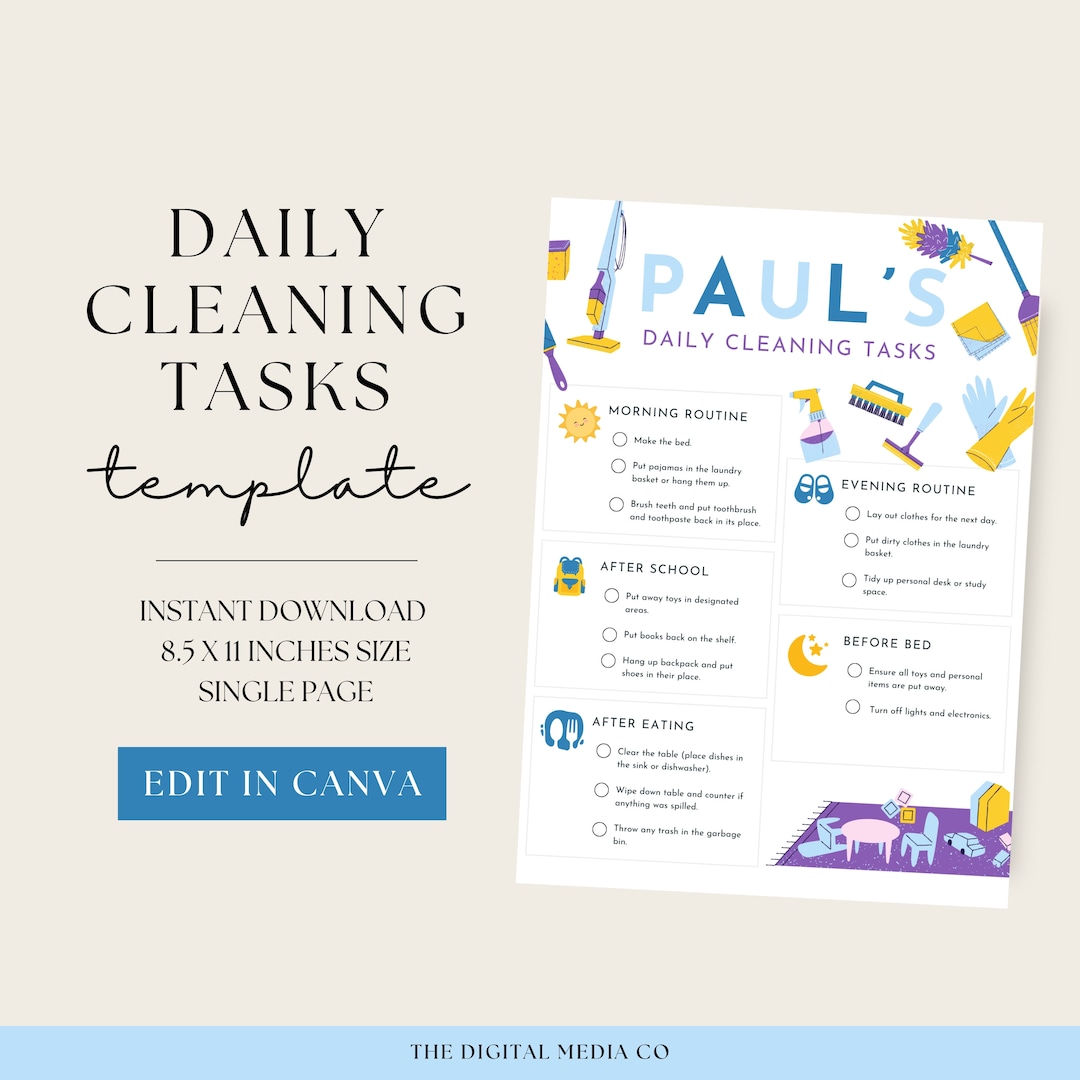 Kids Editable Cleaning Schedule | Printable Daily Cleaning Checklist ...
