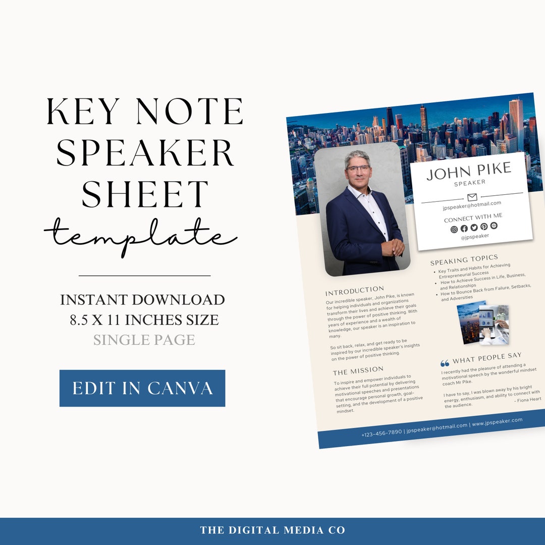 Speaker One Sheet | Speaker Sheet Template | Canva Keynote Speaker Marketing | Seminar Page ...