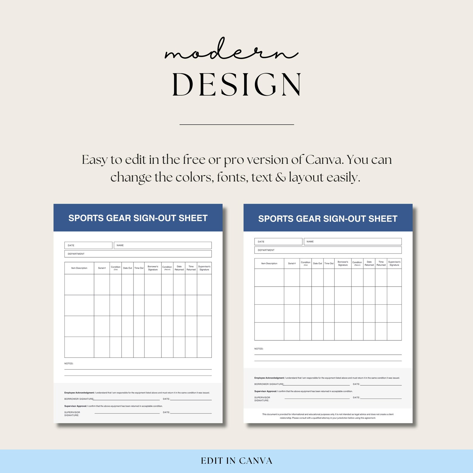 Sports Gear Sign Out Sheet, Editable Log Sheet for Sporting Equipment ...