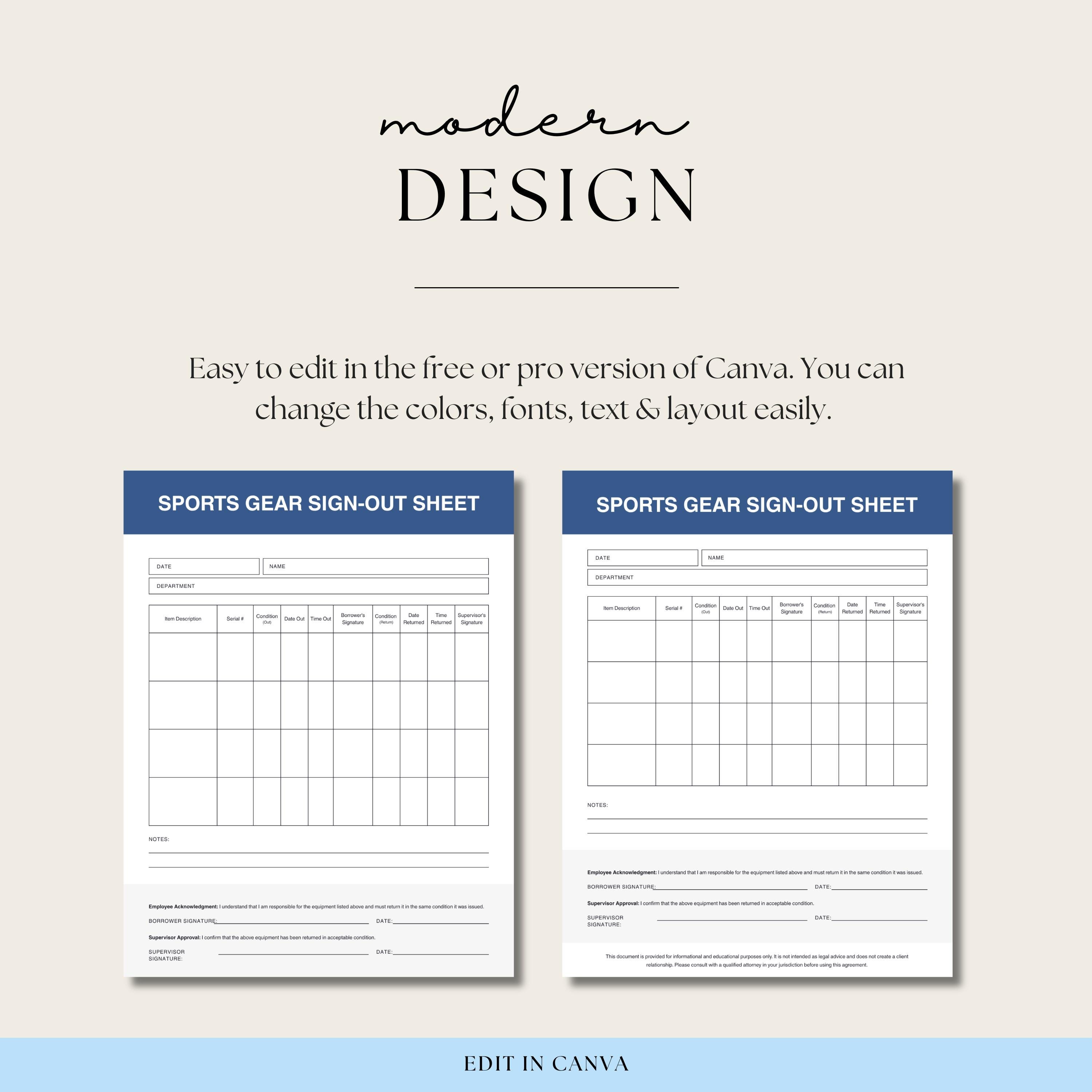 Sports Gear Sign Out Sheet, Editable Log Sheet for Sporting Equipment ...