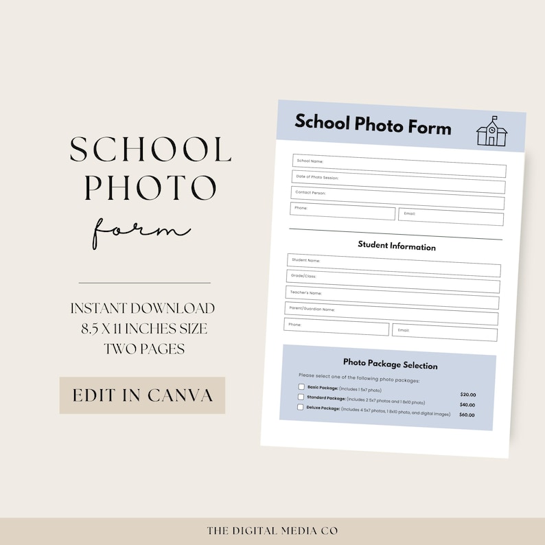 School Photo Form, Printable Template, Photography Order Form, Editable ...