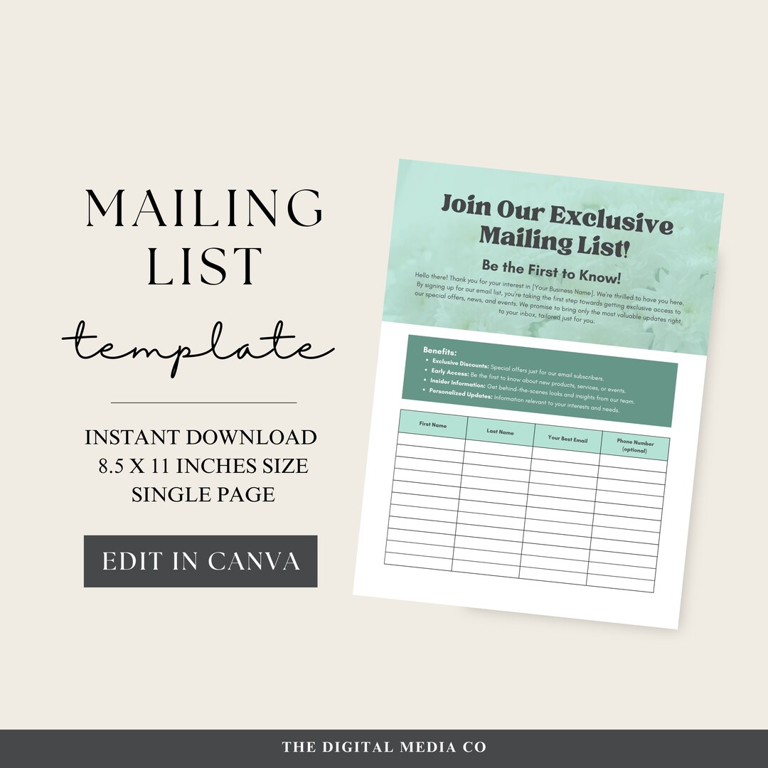 Mailing List Template, Single Sheet Marketing Resource, Canva Printable ...