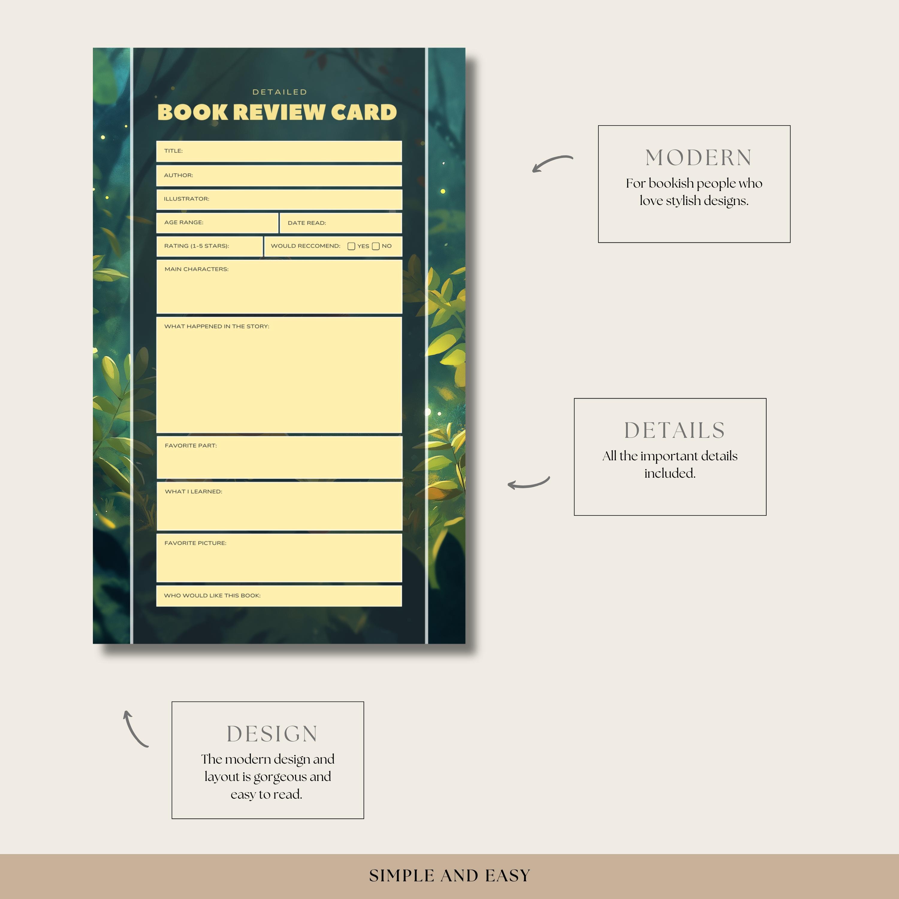 Book Review Cards, Printable Library Designs, Book Tracker, Reading ...