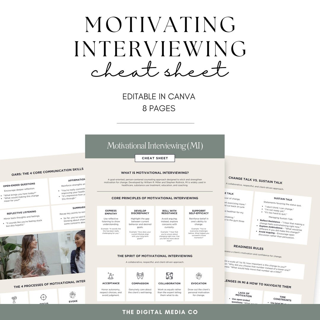 Motivating Interview Cheat Sheet, MI Counseling Guide, Printable ...