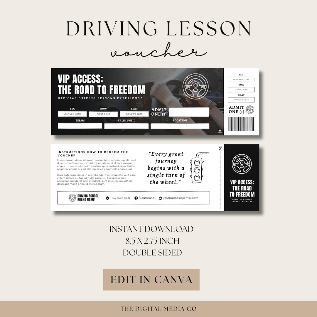 Driving Lesson Voucher Printable, Double Sided Editable Template ...