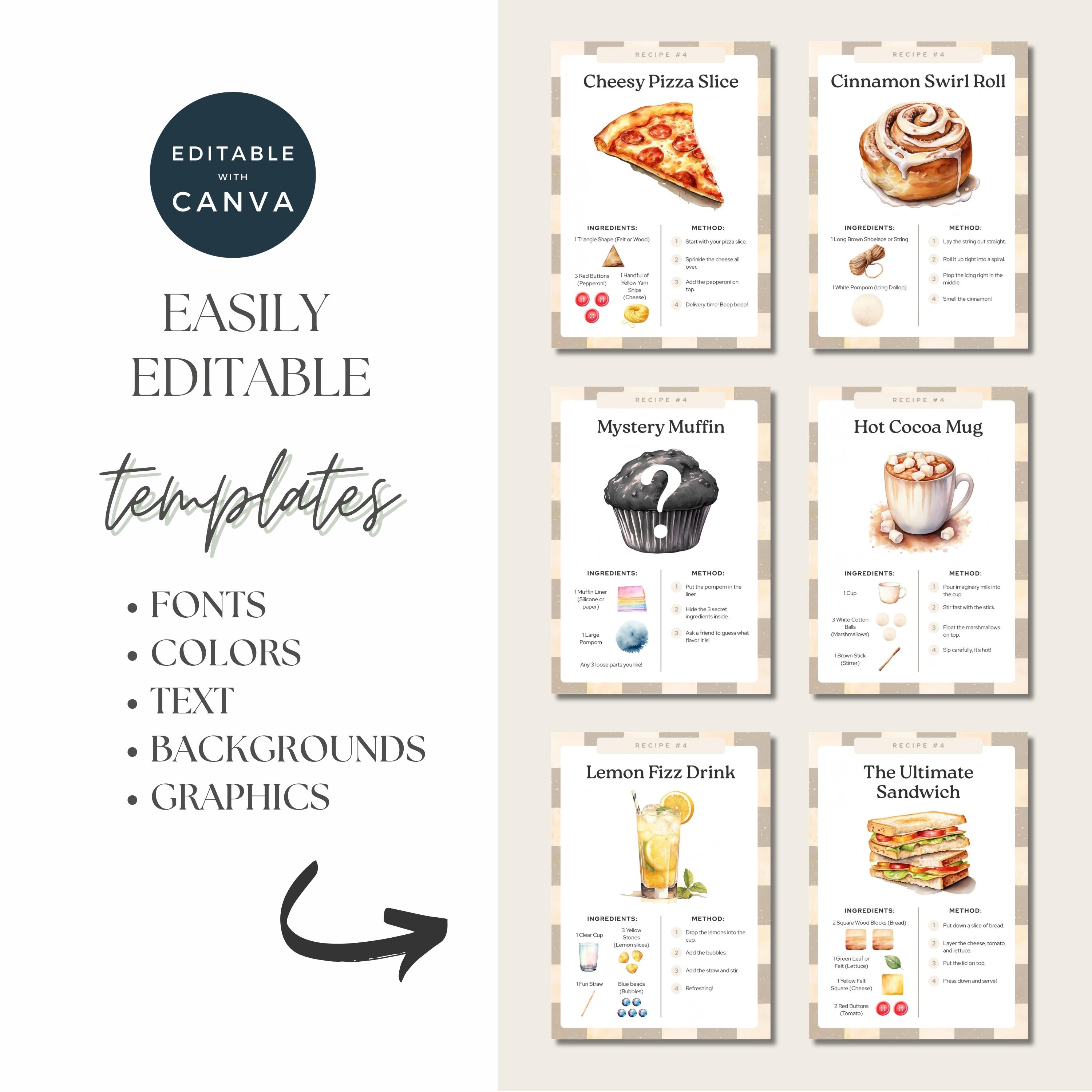 Kids Recipe Cards Printable, Editable Canva Template, Pretend Play ...