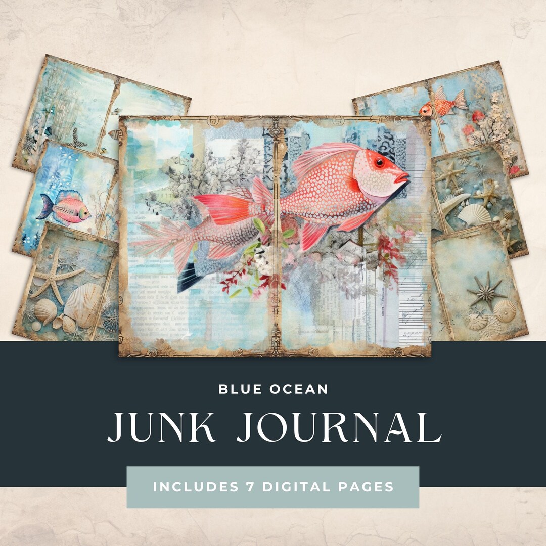 Blue Ocean Junk Journal Kit Mixed Media, Sea Scrapbook Resource, Beach ...