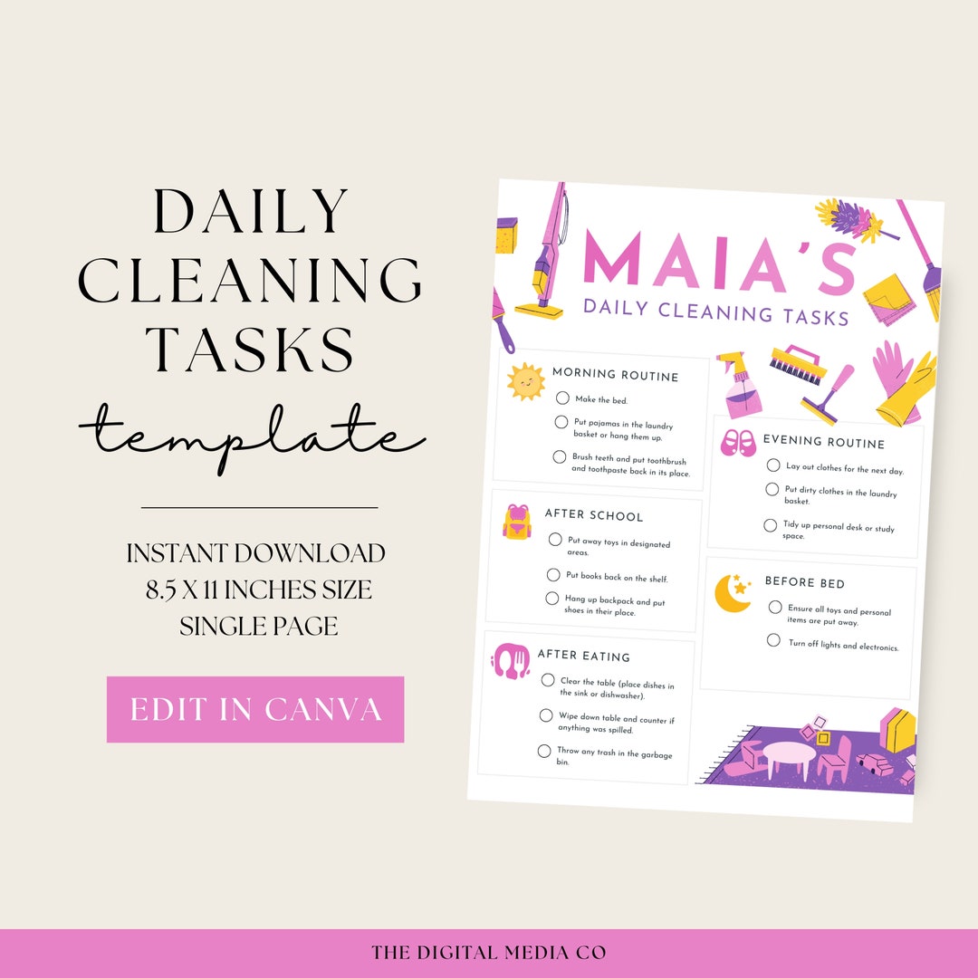 Kids Editable Cleaning Schedule | Printable Daily Cleaning Checklist ...