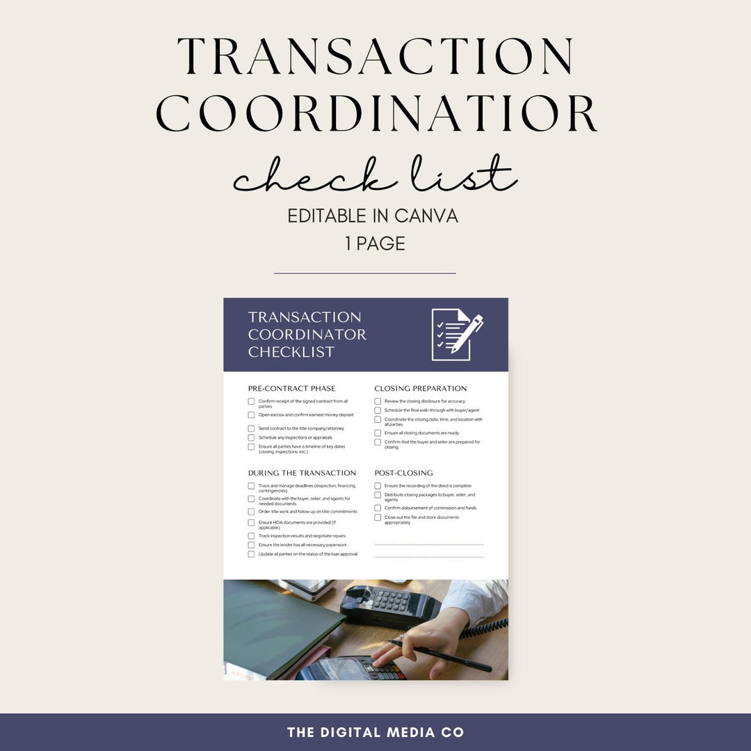 Transaction Coordinator Checklist, Real Estate Templates, Editable ...