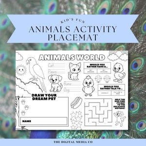 Animals Activity Placemat for Kids, Printable Coloring & Games Mat, Fun ...
