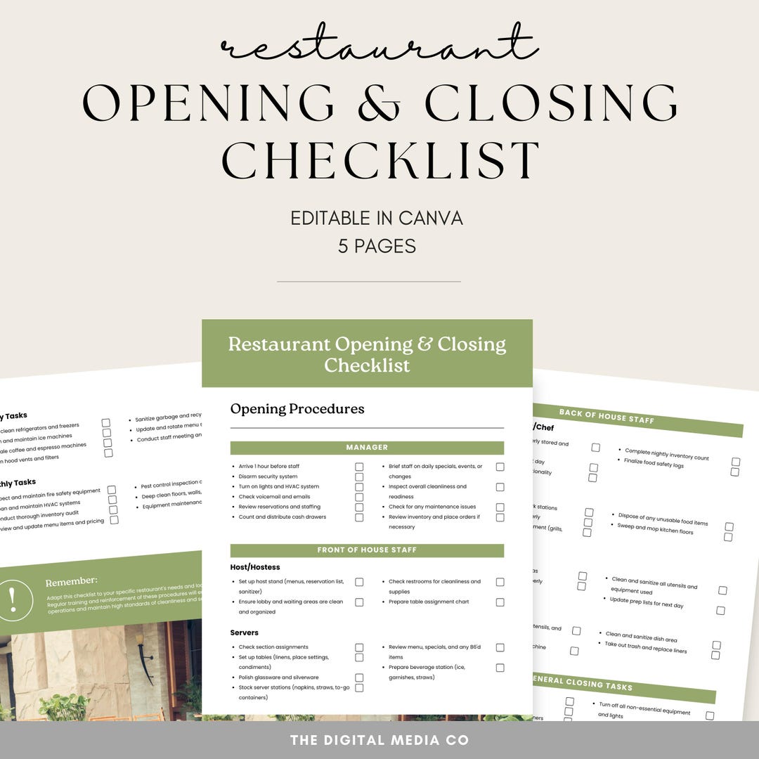 Restaurant Checklist | Printable Opening and Closing Check List | Food ...