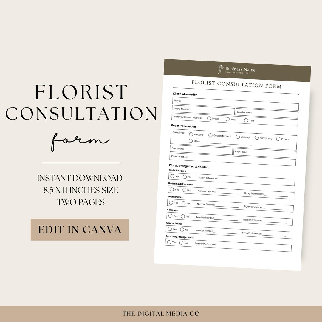 Florist Consultation Form, Printable Wedding Flower Planner, Floral ...