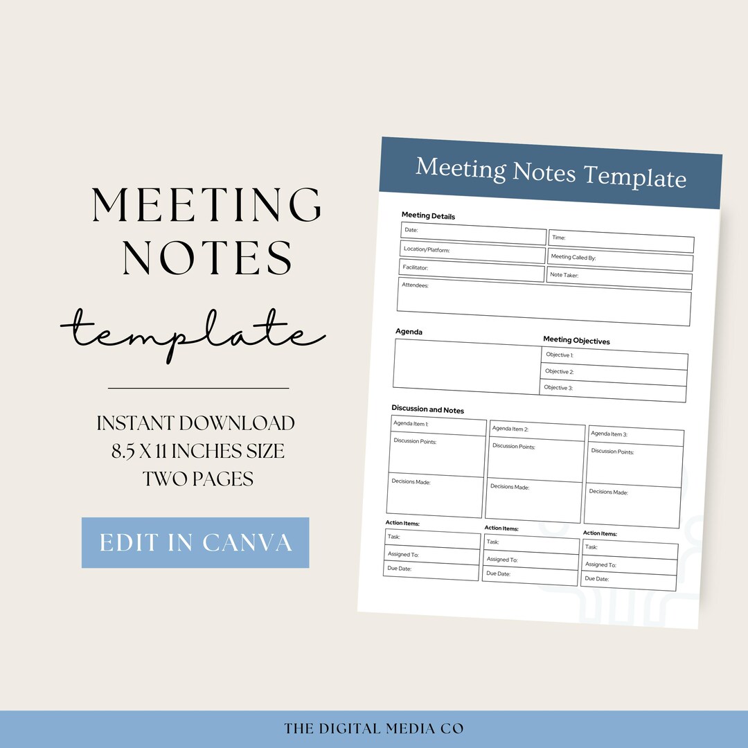 Meeting Notes Template, Small Business Printable, Editable Company ...