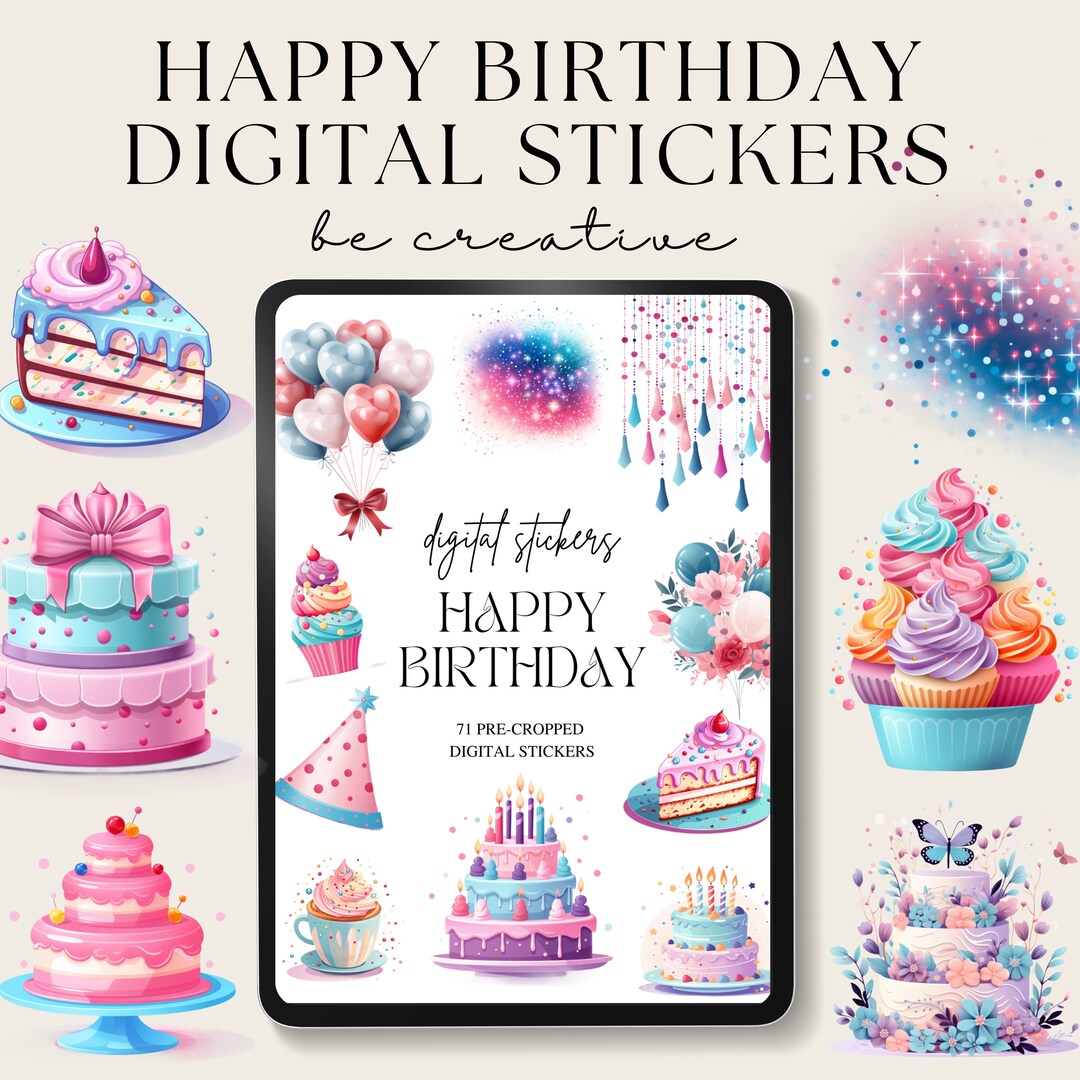 Happy Birthday Stickers, Cropped Digital Png Files, Celebration Clipart ...