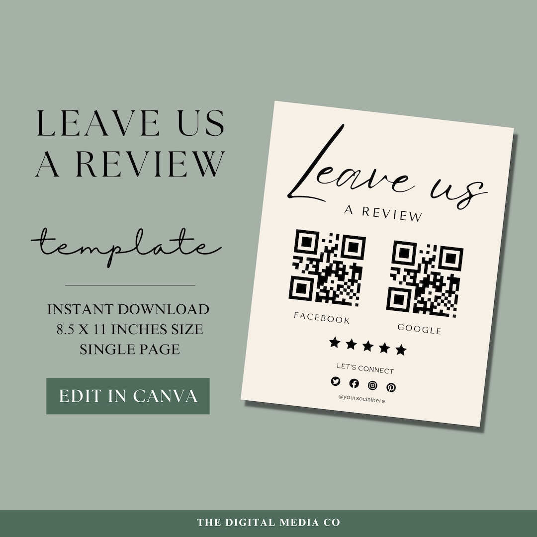 Leave A Review Framed Canva Template, Business Template, Editable QR ...