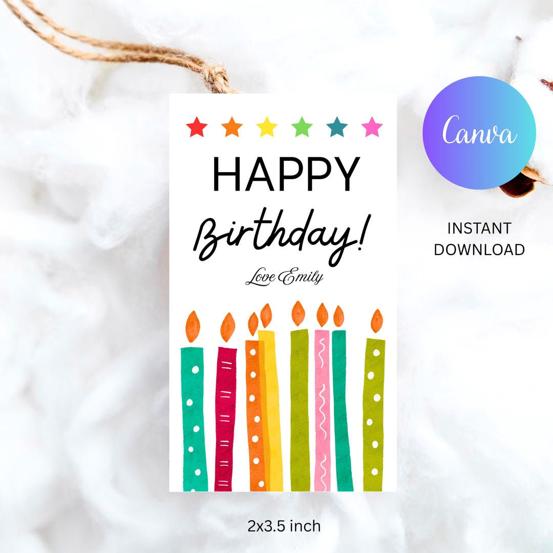 Printable Happy Birthday Gift Tag Template, Watercolor Candles Favor ...
