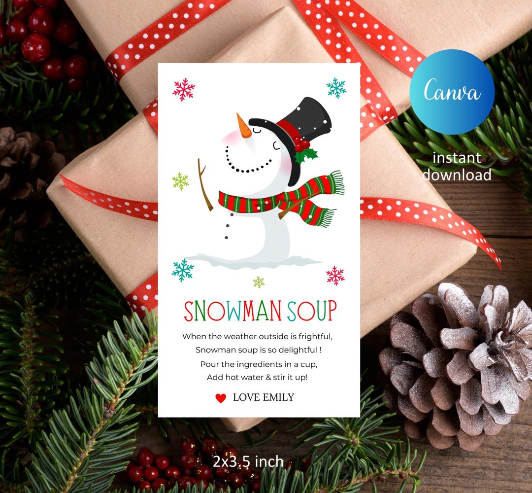 Snowman Soup Christmas Gift Tag Template, Printable Holiday Favor Tag ...