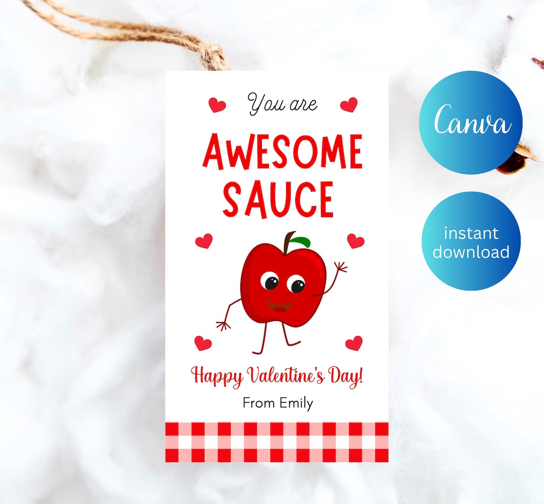 Apple Sauce Valentine Tags Printable, Applesauce Labels, Classroom ...