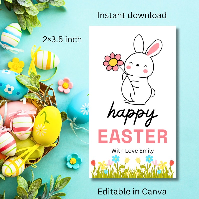 Printable Happy Easter Bunny Gift Tag Instant Download Flower Easter ...