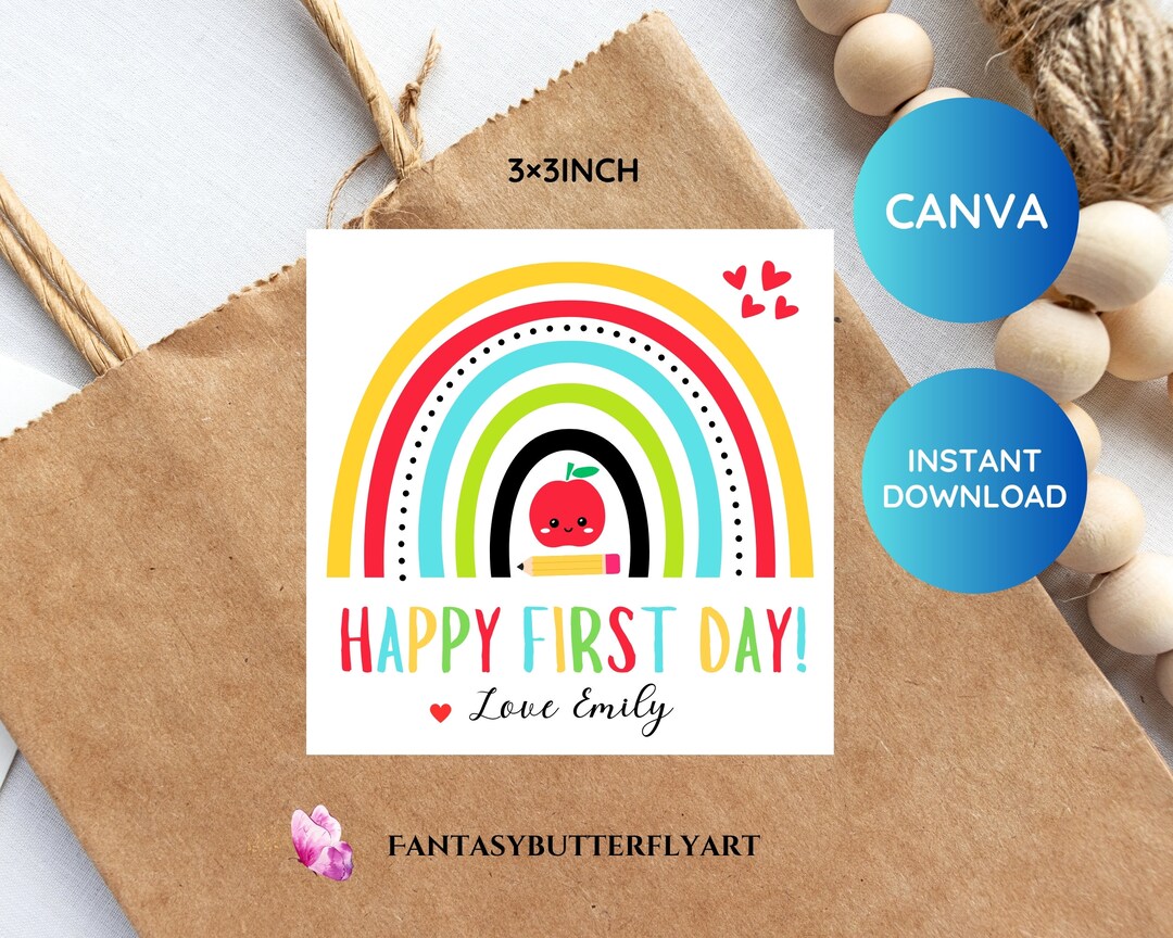 Printable First Day of School Gift Tag, School Supplies Rainbow Tag ...