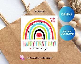 Printable First Day of School Gift Tag, School Supplies Rainbow Tag ...