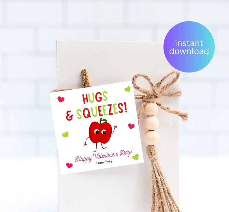 Printable Apple Hugs Squeezes Valentine Tag, Applesauce Pouch Card ...