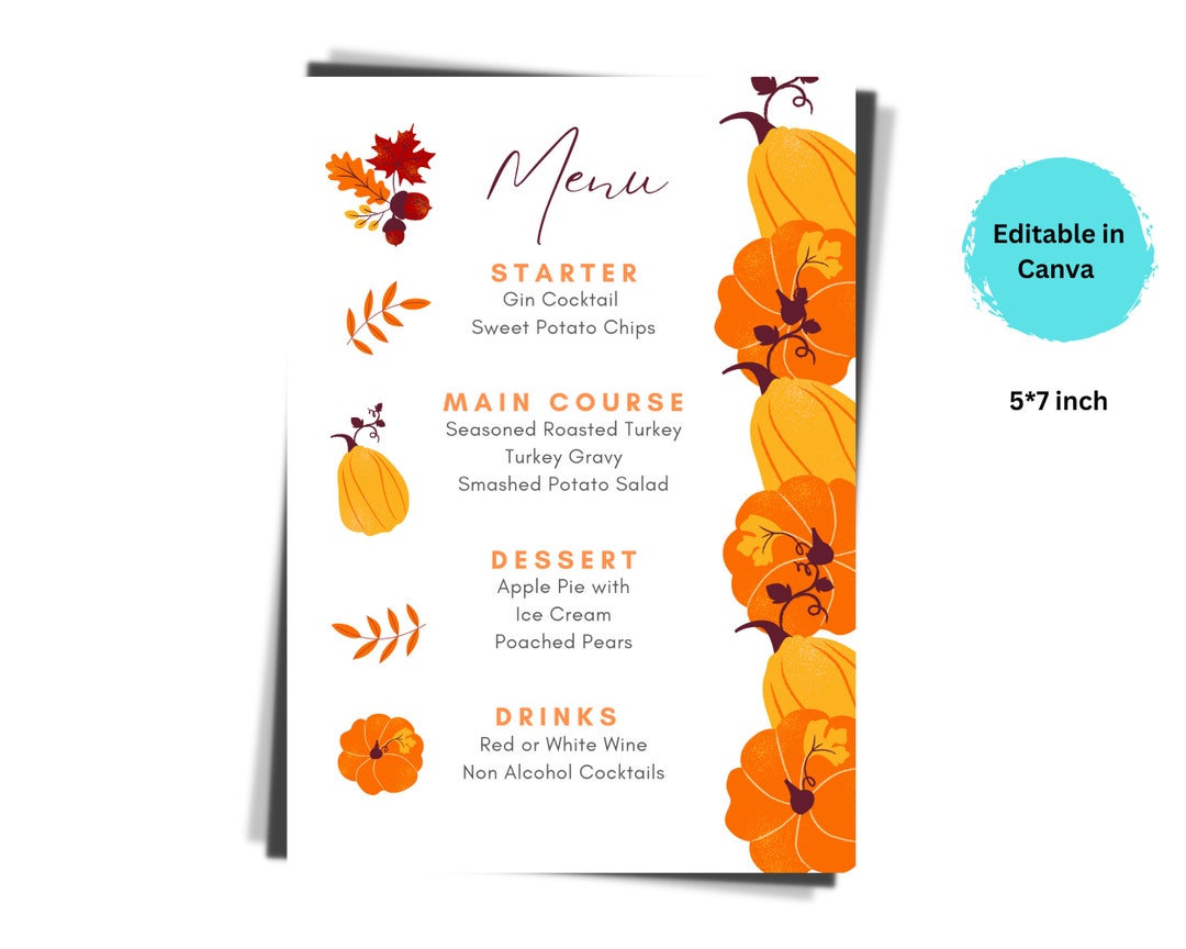 Thanksgiving Menu Template, Editable Thanksgiving Menu, Fall Autumn Menu, Thanksgiving 2023 ...