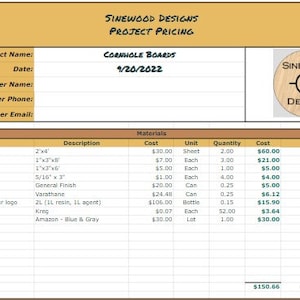 Woodworking Project Pricing Spreadsheet - Digital Download - Etsy