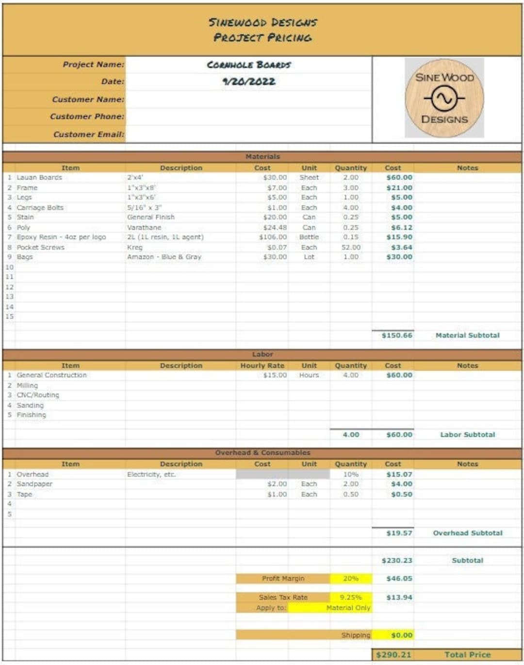 Woodworking Project Pricing Spreadsheet - Digital Download - Etsy