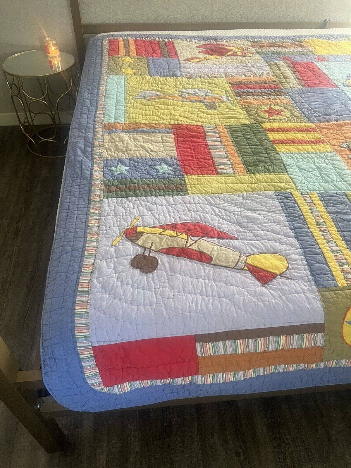 Vintage Aviation Airplane Queen Quilt With Stars Colorful Pilot 64”x84 ...