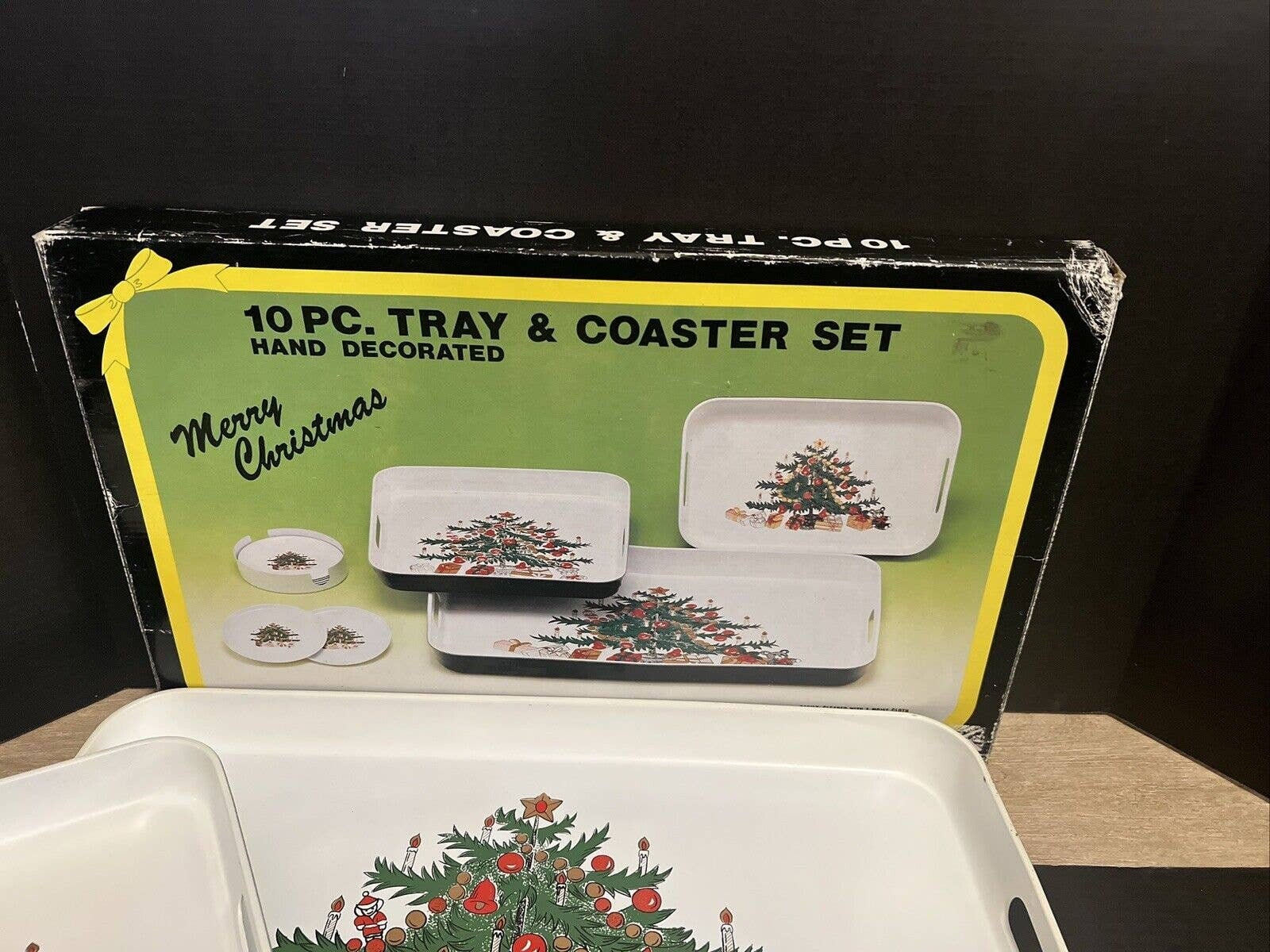 Full Set!! VINTAGE MERRY CHRISTMAS Plastic Tray & Coaster Set in Open ...