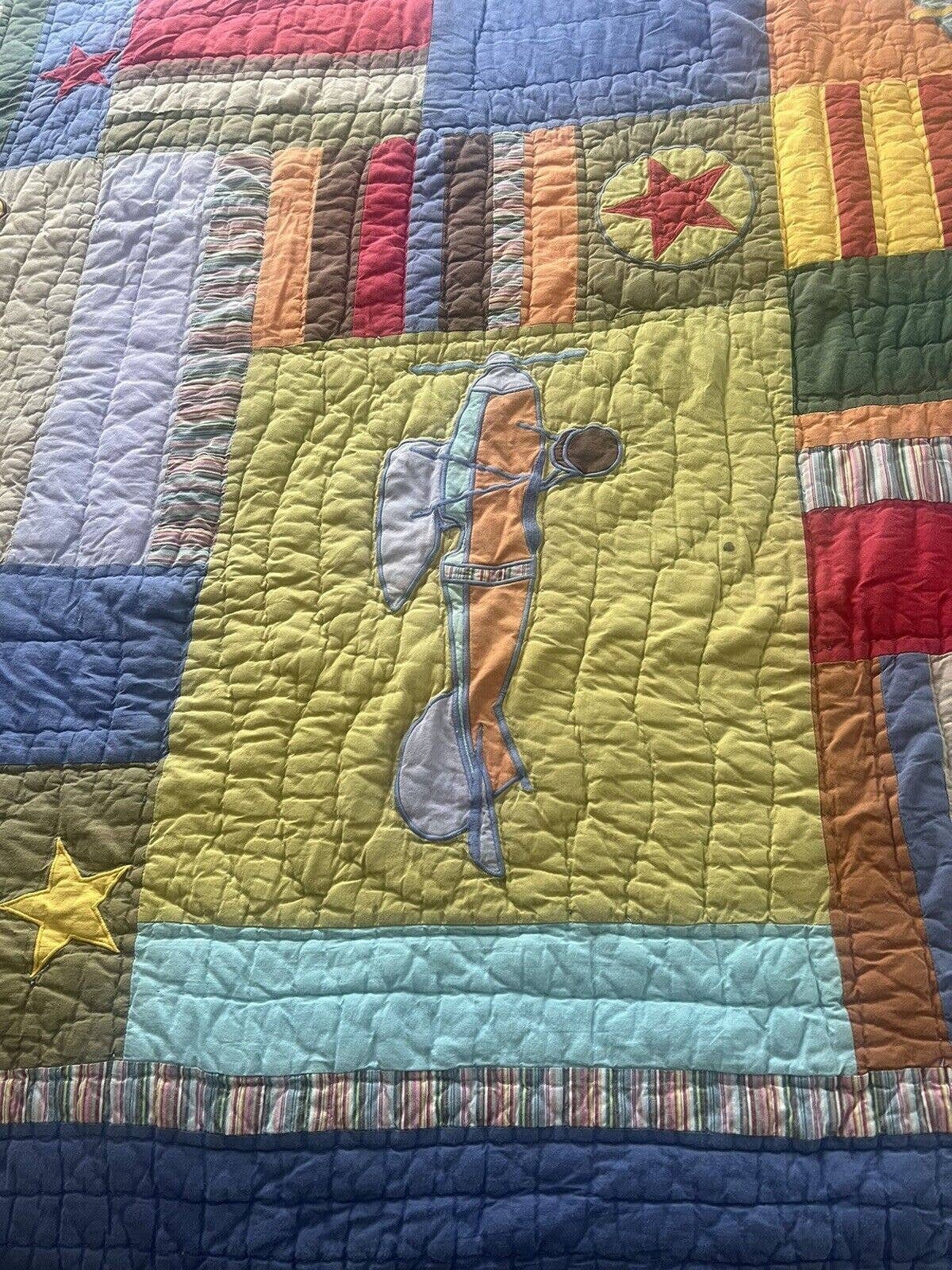 Vintage Aviation Airplane Queen Quilt With Stars Colorful Pilot 64x84 ...
