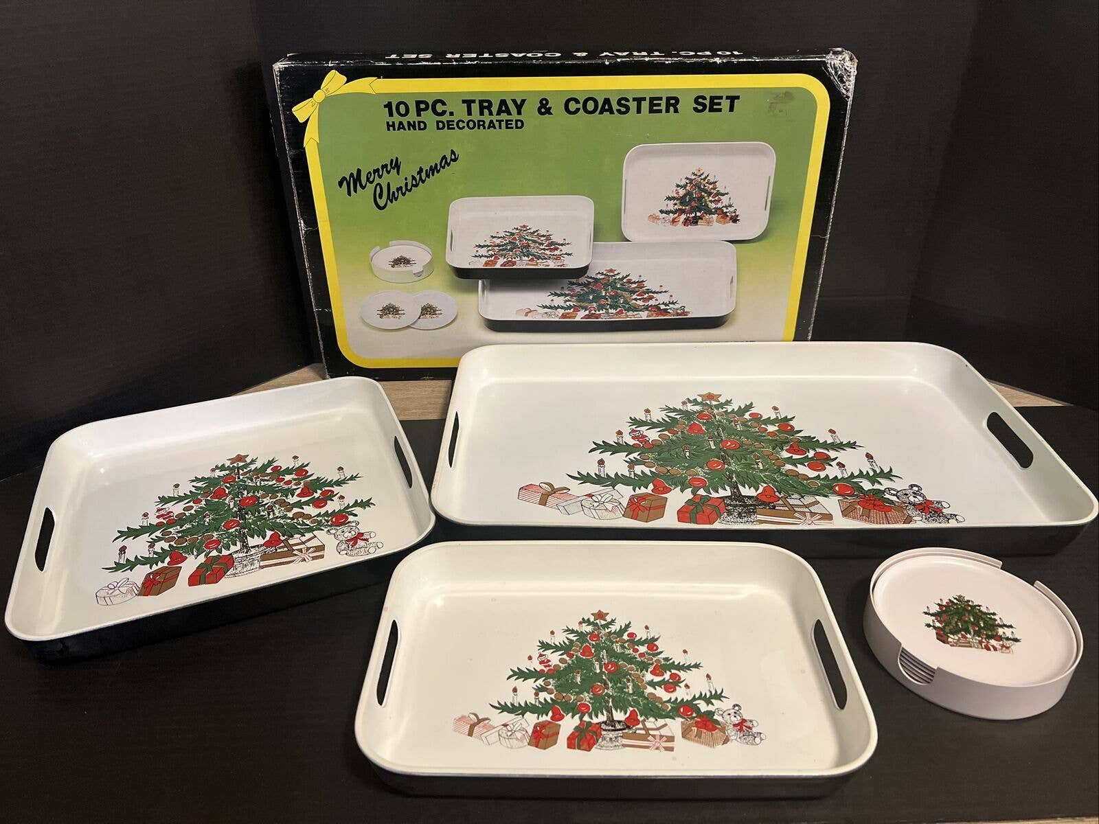 Full Set!! VINTAGE MERRY CHRISTMAS Plastic Tray & Coaster Set in Open ...