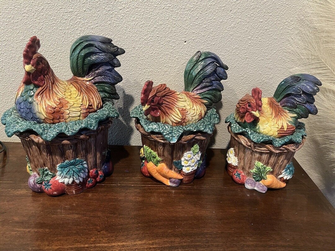 Vtg Fitz and Floyd Canisters Rooster Hen Vegetables Lot of 3 Jars and ...