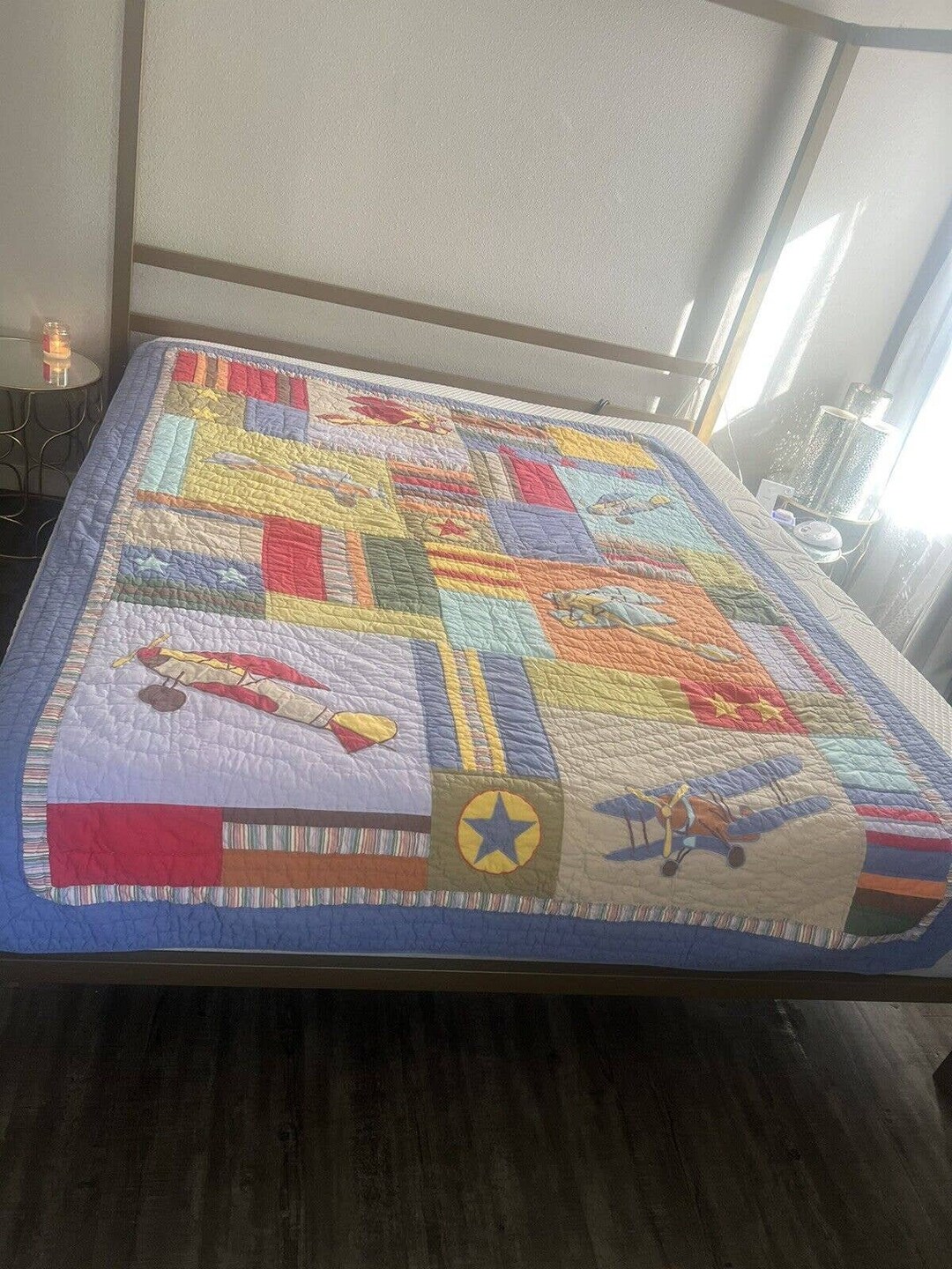 Vintage Aviation Airplane Queen Quilt With Stars Colorful Pilot 64”x84 ...