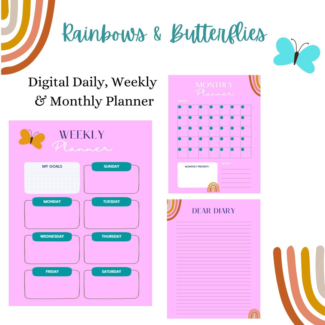 Rainbows and Butterflies Digital Daily Weekly Monthly Planner | Digital ...