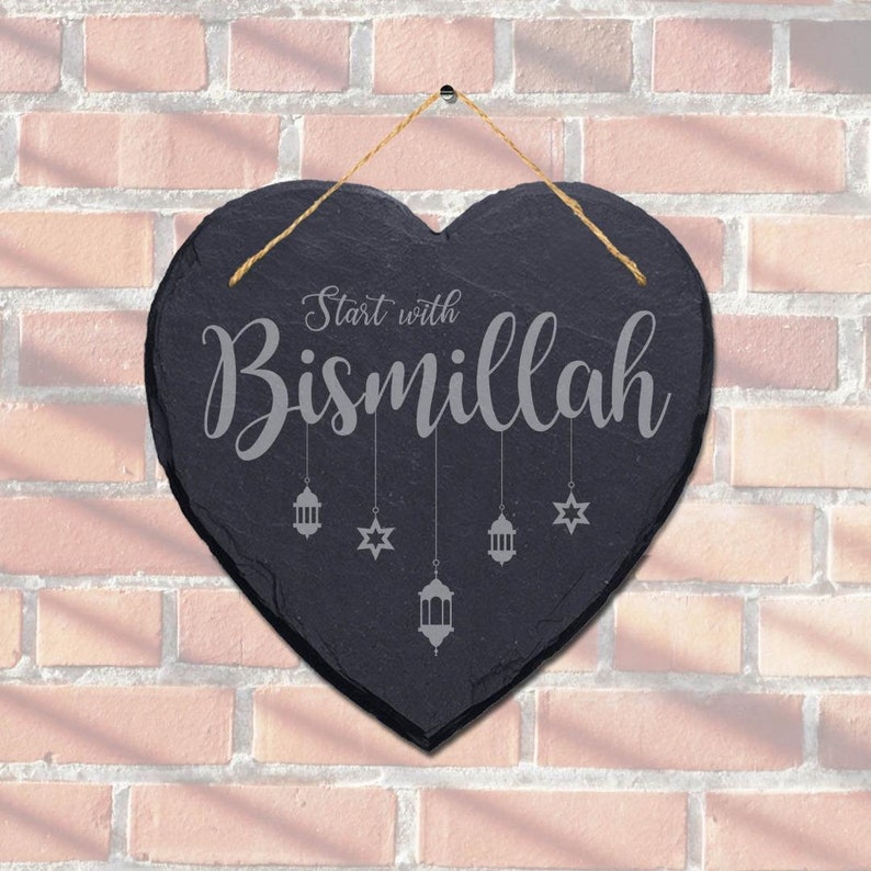 Start With Bismillah Engraved Wall Hanging Islamic Heart Home Slate ...