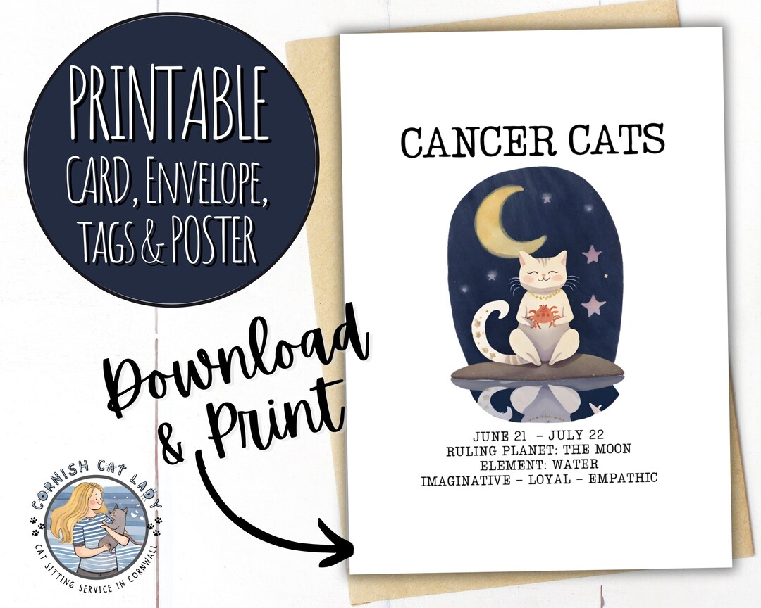 Cancer Cat Star Sign Printable Card in 2 Sizes | Printable Card ...