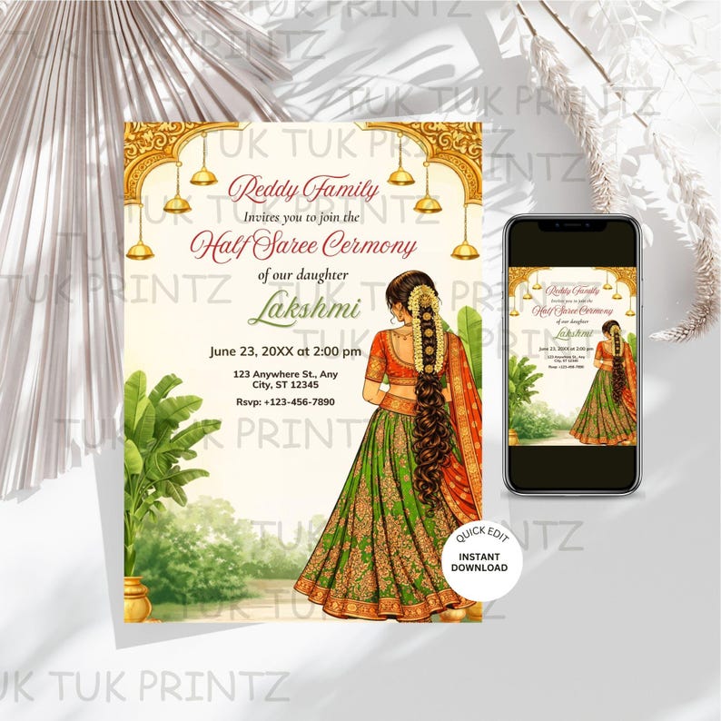 Editable Half Saree Ceremony Digital Invite, Puberty Function Langa ...