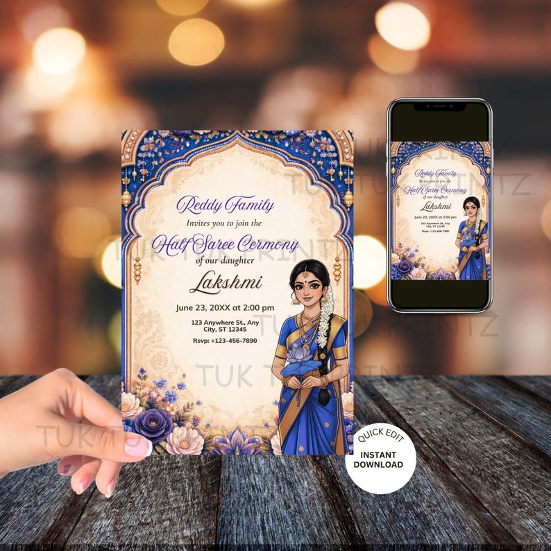Editable Half Saree Ceremony Digital Invite, Puberty Function Langa ...