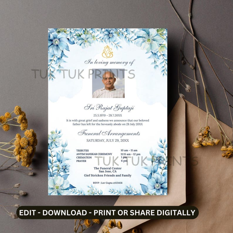 Hindu Funeral Invitation: Floral Memorial Announcement (digital ...