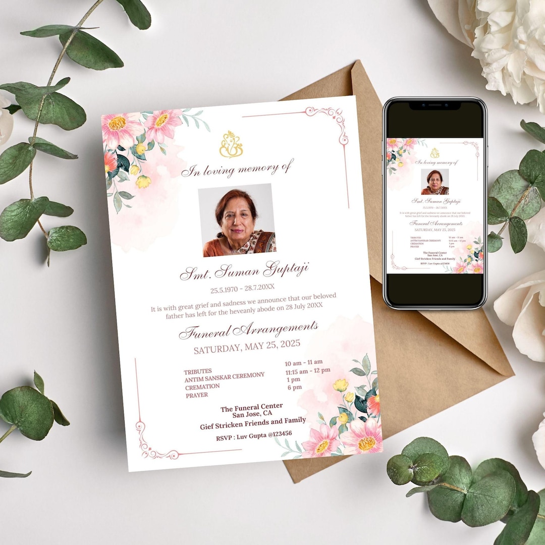 Hindu Funeral Invitation: Floral Memorial Announcement (digital ...