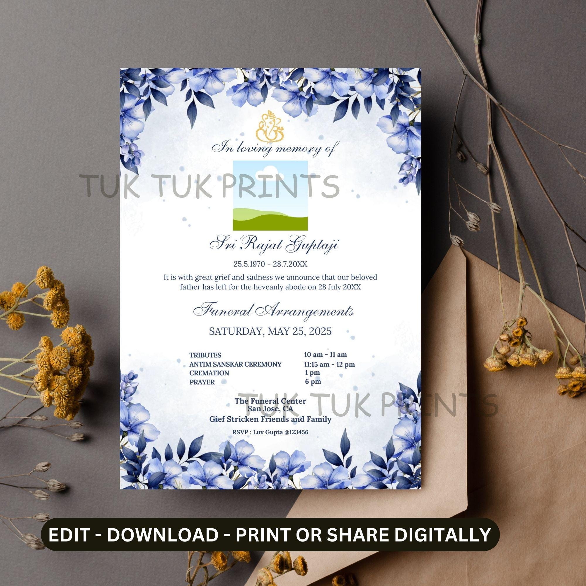 Editable Hindu Funeral Program Announcement, Indian Funeral Invite ...
