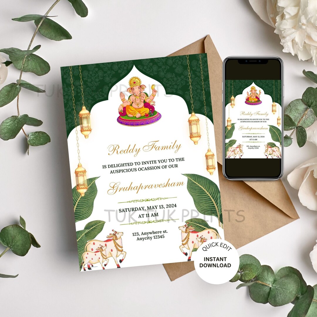 Editable Indian Housewarming Invite, Gruhapravesham Invite ...