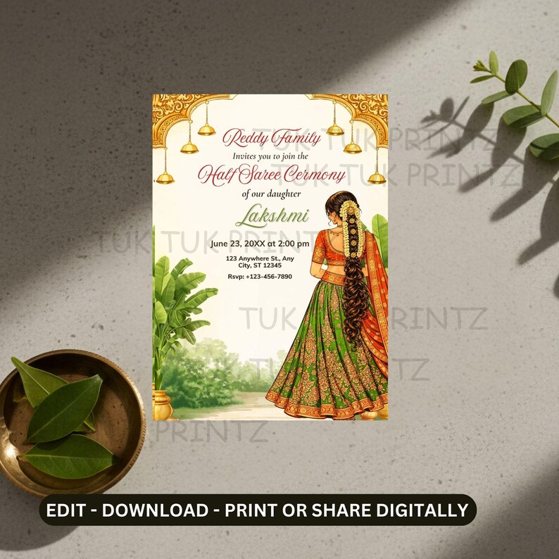 Editable Half Saree Ceremony Digital Invite, Puberty Function Langa ...
