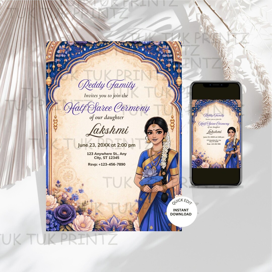 Editable Half Saree Ceremony Digital Invite, Puberty Function Langa ...