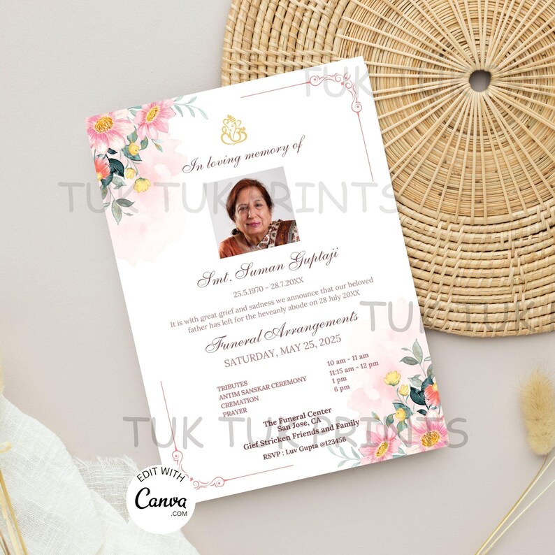Hindu Funeral Invitation: Floral Memorial Announcement (digital ...