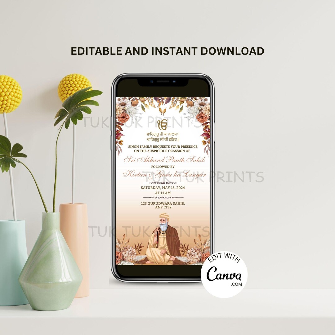 Sikh Akhand Path Invitation Template: Floral Phone Invite (digital ...