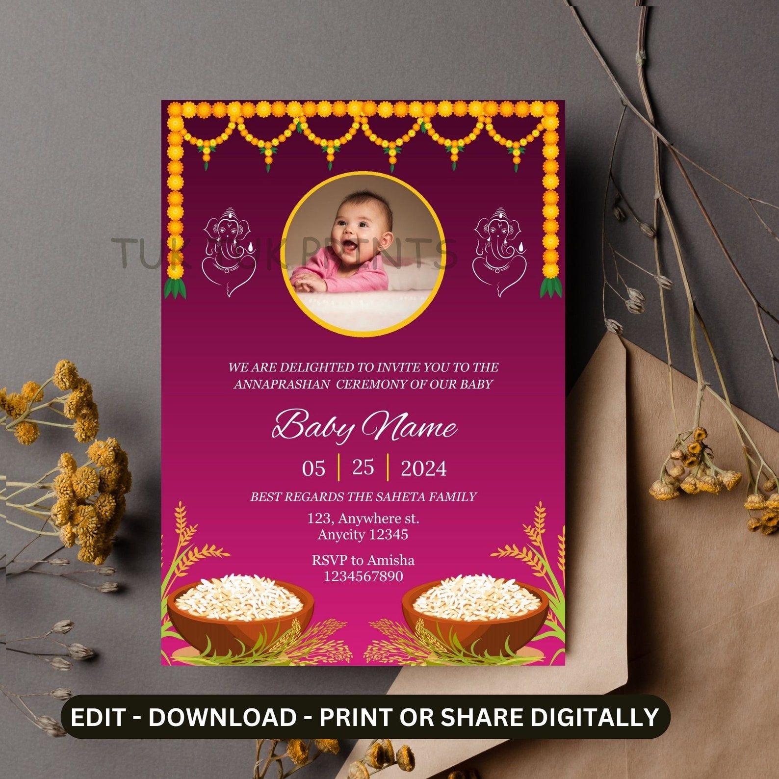 Weaning Ceremony Invite Template, Annaprashana Invite, Hindu Rice ...